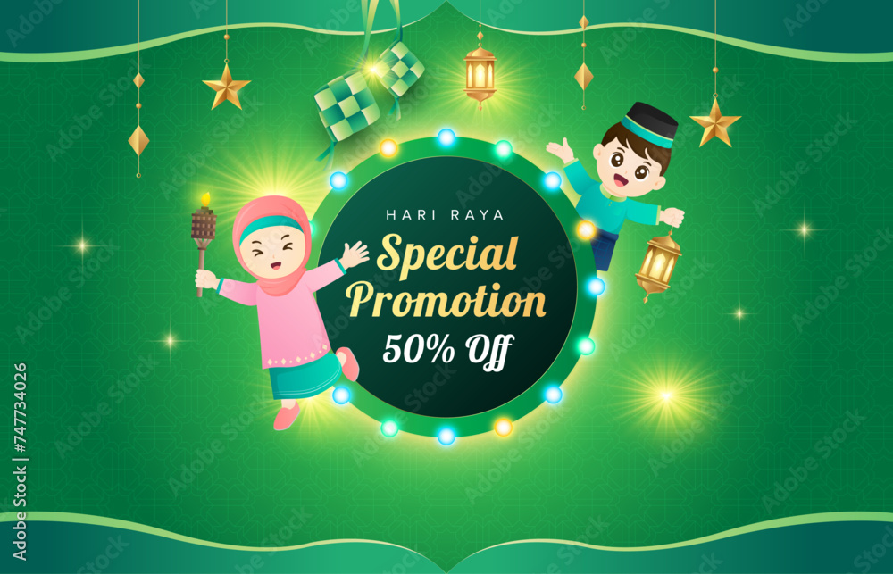 Retro neon light sale raya background with 2 cute Muslim characters ...