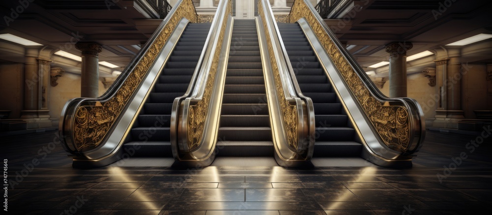 An escalator with a golden railing ascends inside a building, providing ...