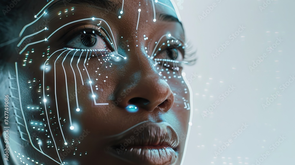 Futuristic portrait of a woman with digital face mapping, suitable for ...