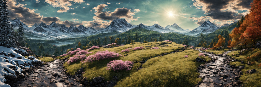 Beautiful mountain landscape. 4 seasons. All seasons in one picture ...