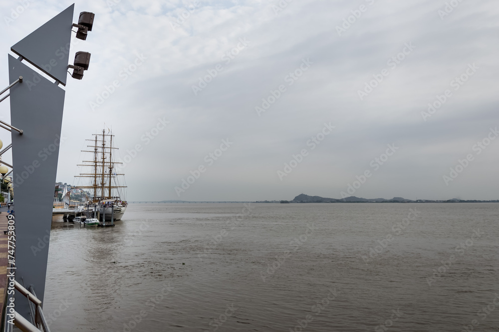 View of the Simon Bolivar Pier promenade, with the sail training ship ...