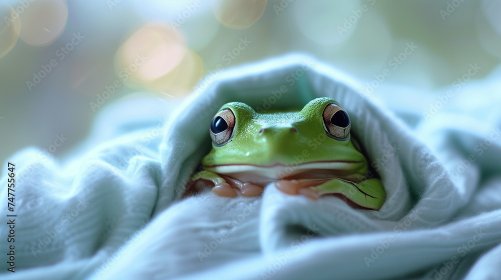 A green tree frog in a blanket. A green tree frog waking up from hibernation in early spring ...