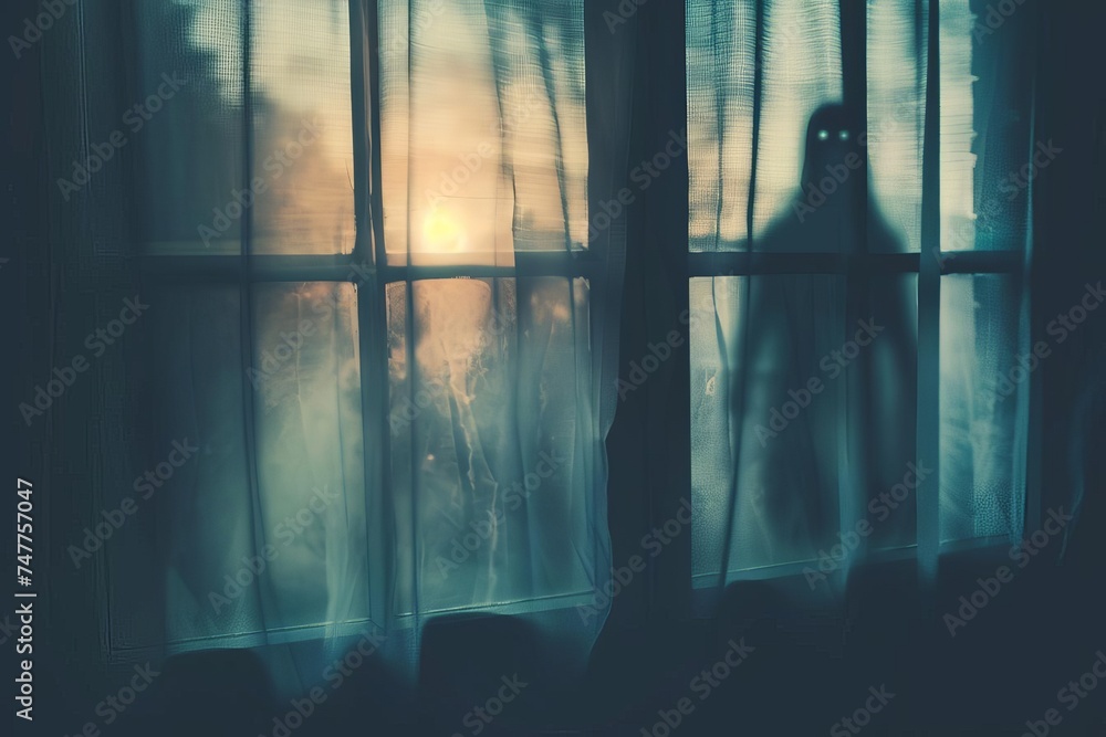 Chilling scene of a blurred ghost silhouette in a bedroom window ...