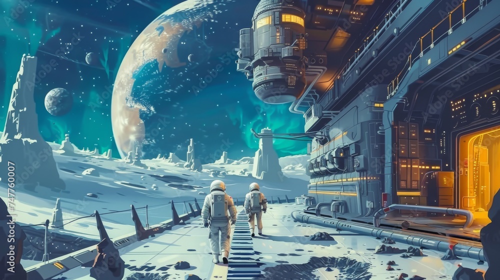 Two astronauts walk towards a lunar outpost, with a dramatic view of ...