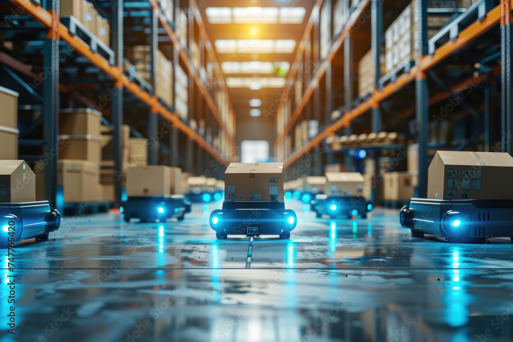 Smart box-mover robots carry box in the warehouse, IOT connected to the ...