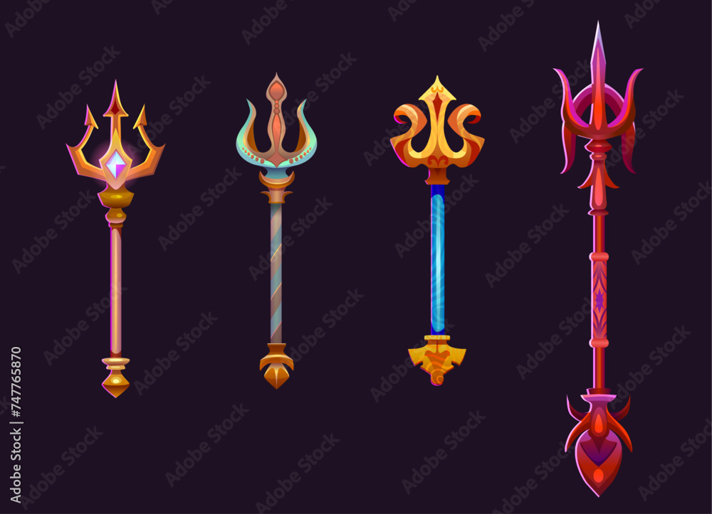 Magic tridents set isolated on black background. Vector cartoon ...