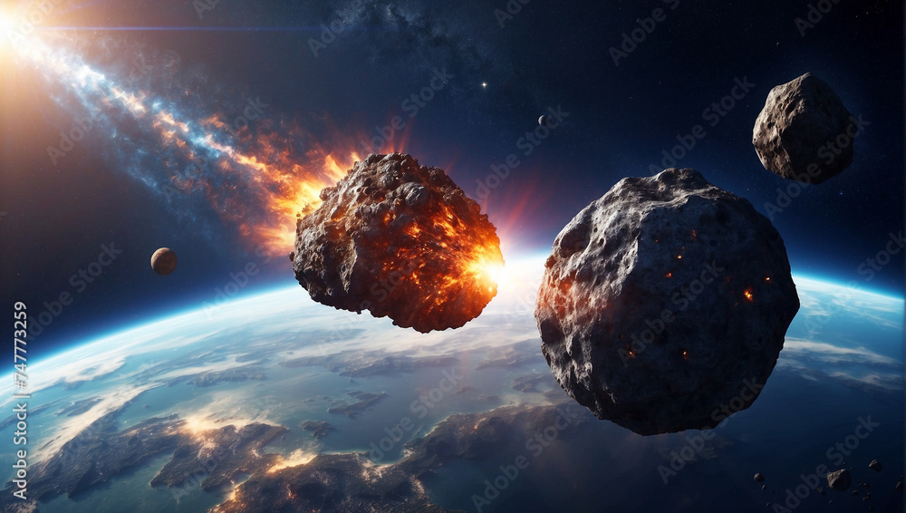 Asteroid impact, end of world, judgment day. Group of burning exploding ...
