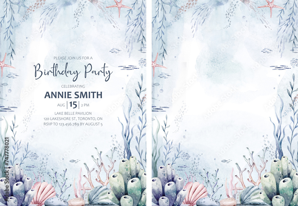 Birthday card and baby shower invitation under the sea theme background ...