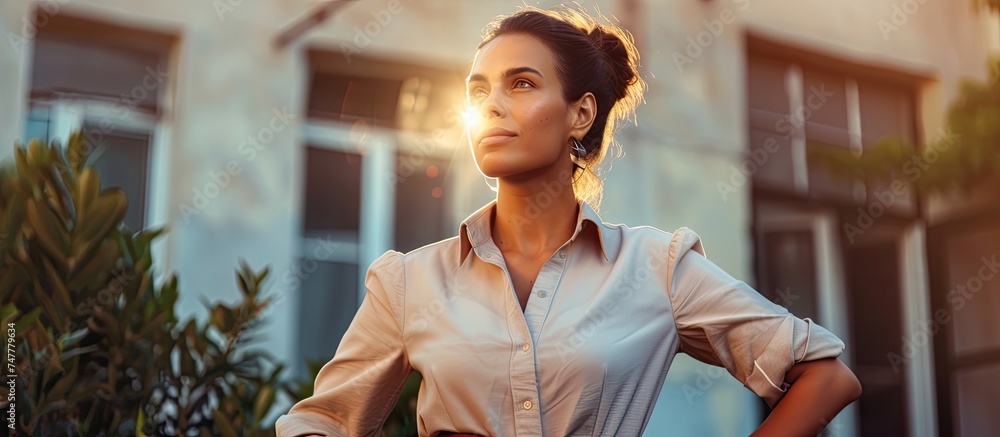 A confident woman stands in front of a building, strategically placing ...