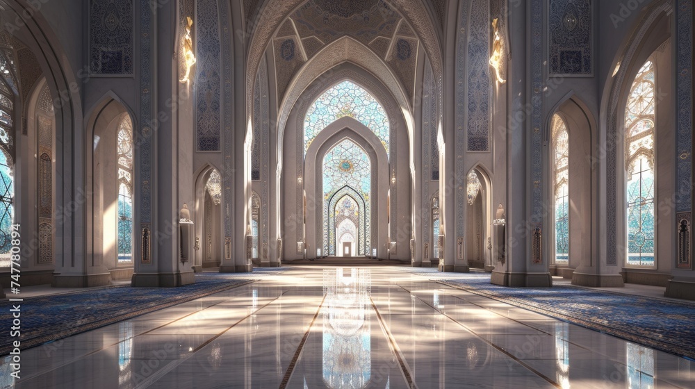 Interior of the mosque, with sweeping views of the spacious prayer hall ...