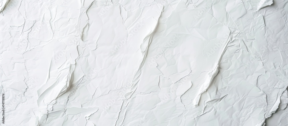 A close-up view of a white wall with peeling paint, revealing the layers underneath. The texture ...