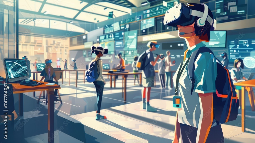 Futuristic Classroom: VR Education. Students in a vibrant, futuristic ...
