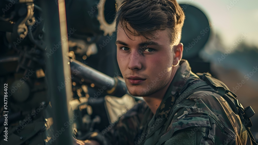 Confident young man in military gear with a focused gaze. portrait of a ...