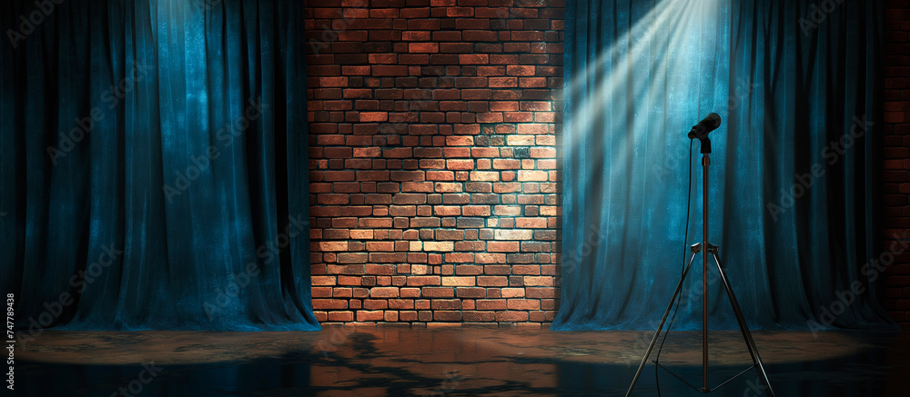 stage with blue curtain and brick wall. theater or stand up comedy background Stock Photo ...
