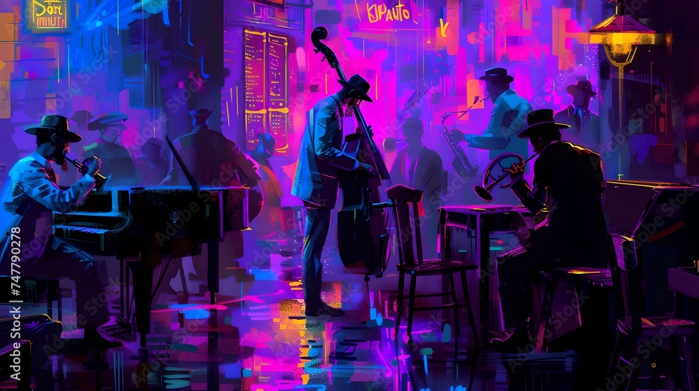 Jazz club scene illustration with musicians and audience. neon lights ...