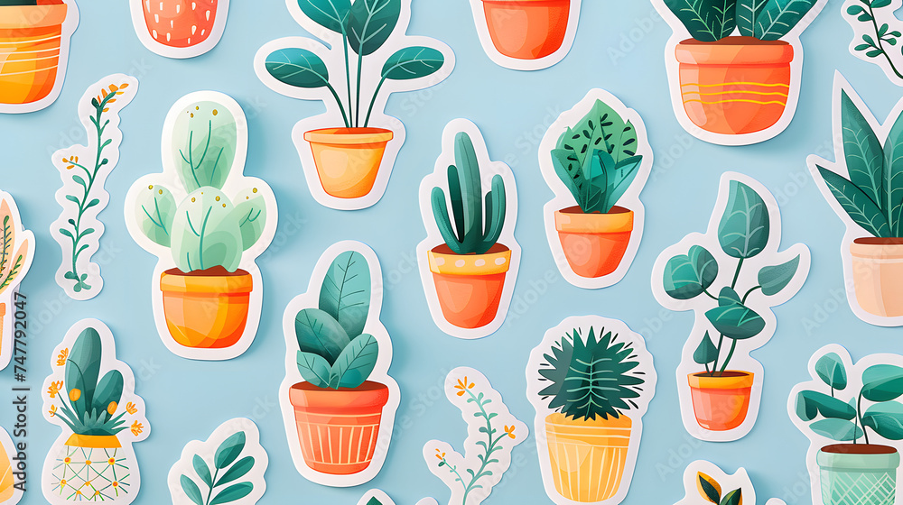 Create a sticker sheet with plants in pots and leaves on a light blue ...