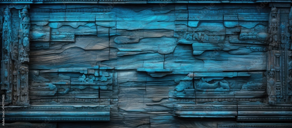 A blue stone wall adorned with intricate carvings stands in the image ...