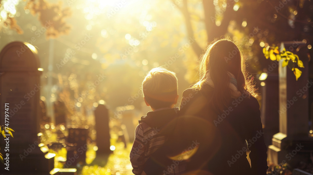 Caucasian woman and kid in front of a tombstone in a cemetery , mother ...