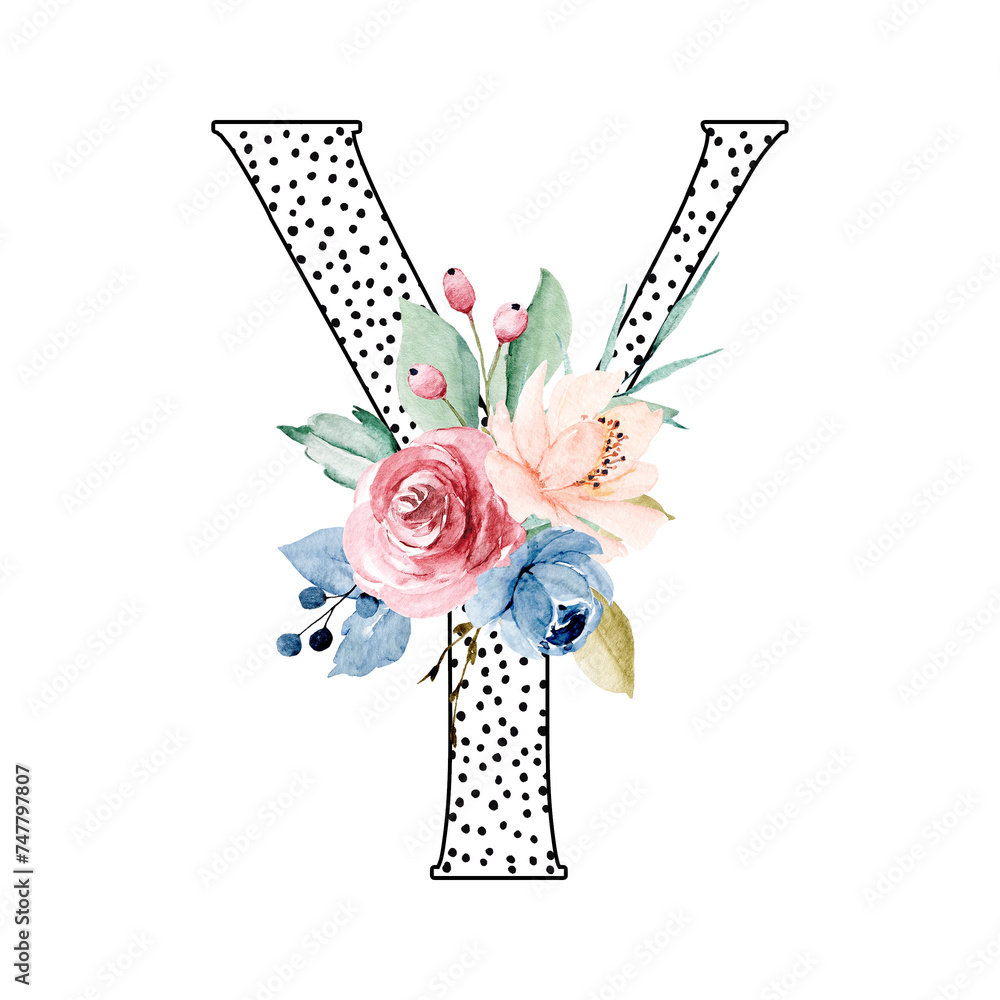 Floral monogram Y, letter with watercolor flowers and leaves. Alphabet ...