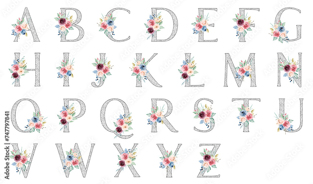 Alphabet, letters with watercolor flowers and leaf hand painting ...
