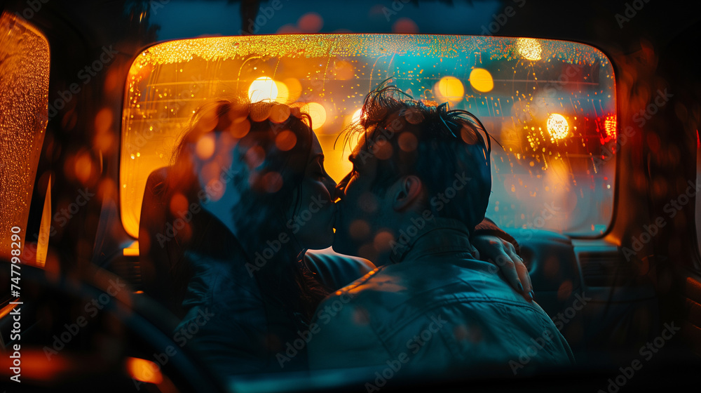 the picture shows a husband and wife kissing in a car, the blurred ...