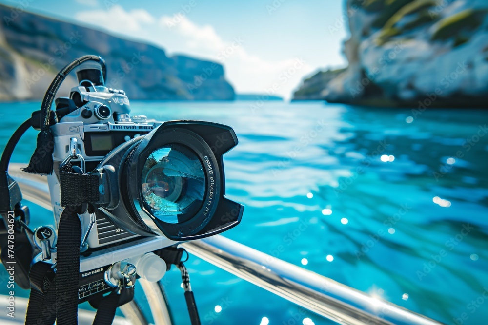 A film projector lens in action with a film reel floating on the sea ...