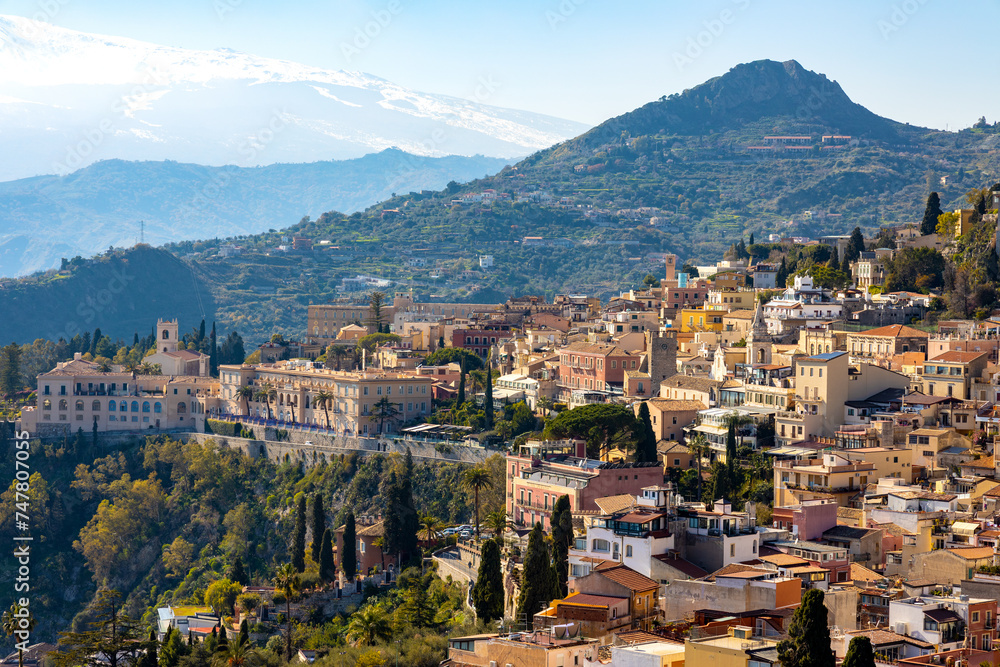 Taormina panorama with Castello Saraceno Saracen Castle on Monte Tauro ...