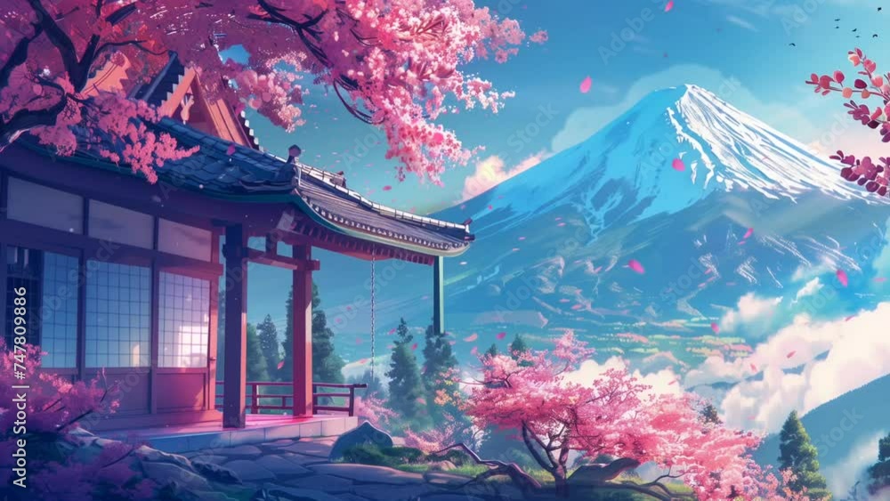 Mount Fuji view with cherry blossom trees in spring. seamless looping ...