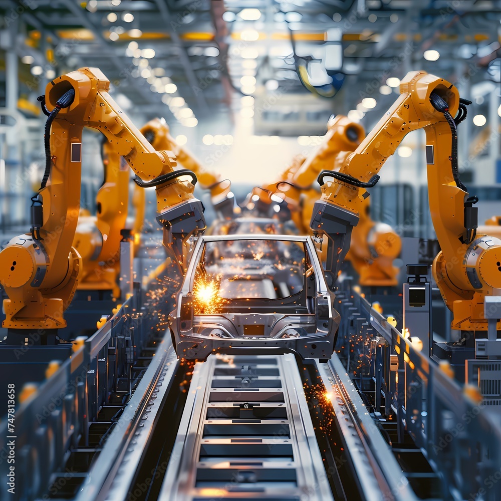 A duo of industrial robots welds a car chassis with a symphony of ...