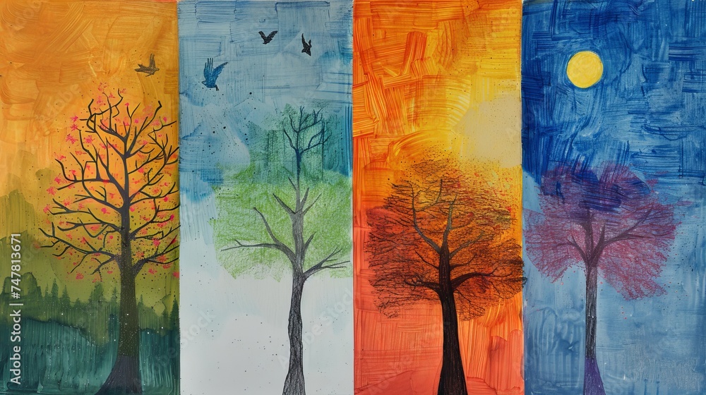 Colorful abstract trees representing four seasons in a multicolored ...