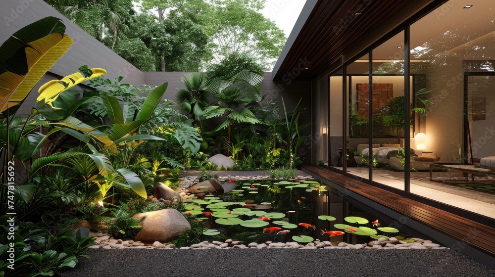 Nature cozy private backyard pond near the living room with tropical ...