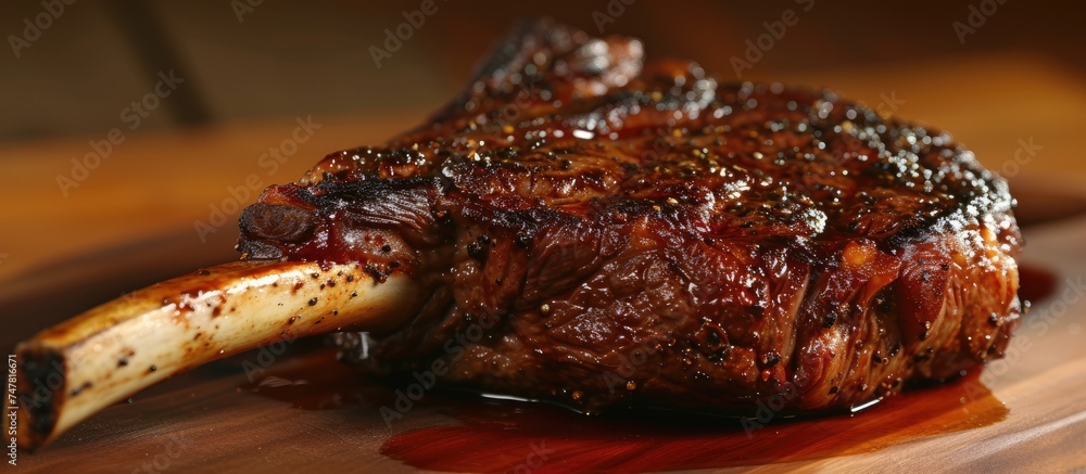 A close-up view of a juicy and decadent dry-aged Tomahawk steak served ...