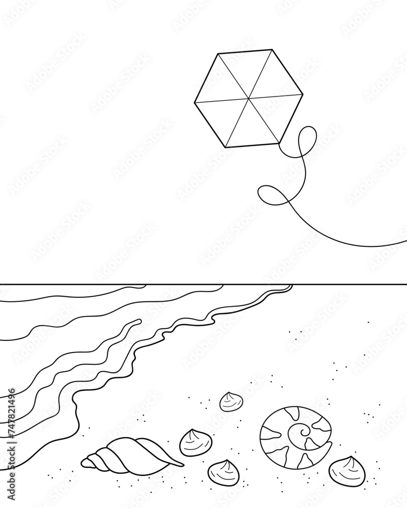 Beach, kite, shells. Coloring page, black and white vector illustration ...