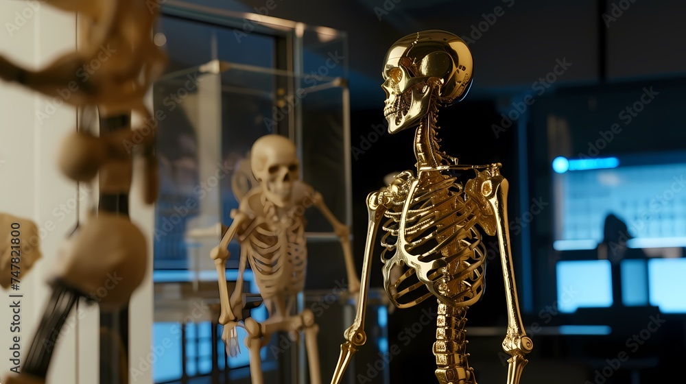 In a thought-provoking display, a reflective golden skeleton stands ...