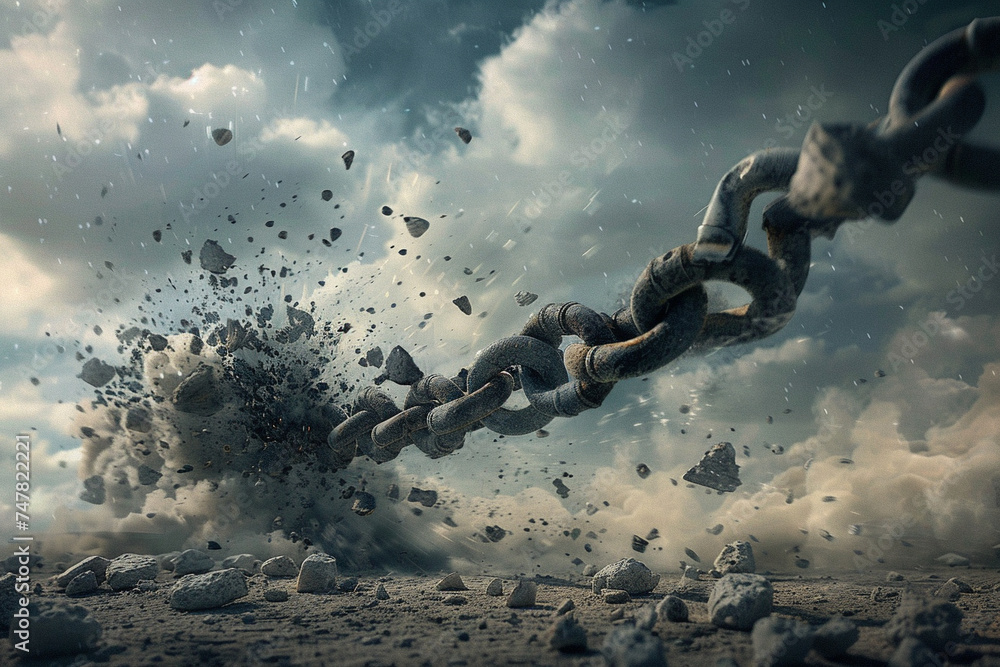 Dramatic portrayal of a chain breaking at the moment of a powerful ...