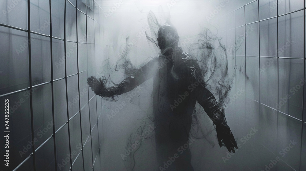 Dramatic portrayal of a phantom dissolving into mist inside a cage ...