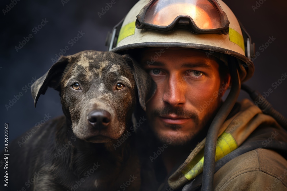 Rescued dog, held gently by a firefighter amidst lingering smoke, its ...