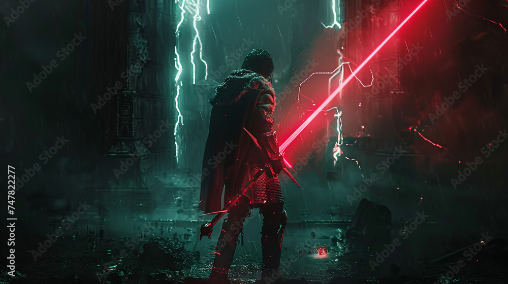 Dramatic visualization of a hero in a dystopian future, wielding ...