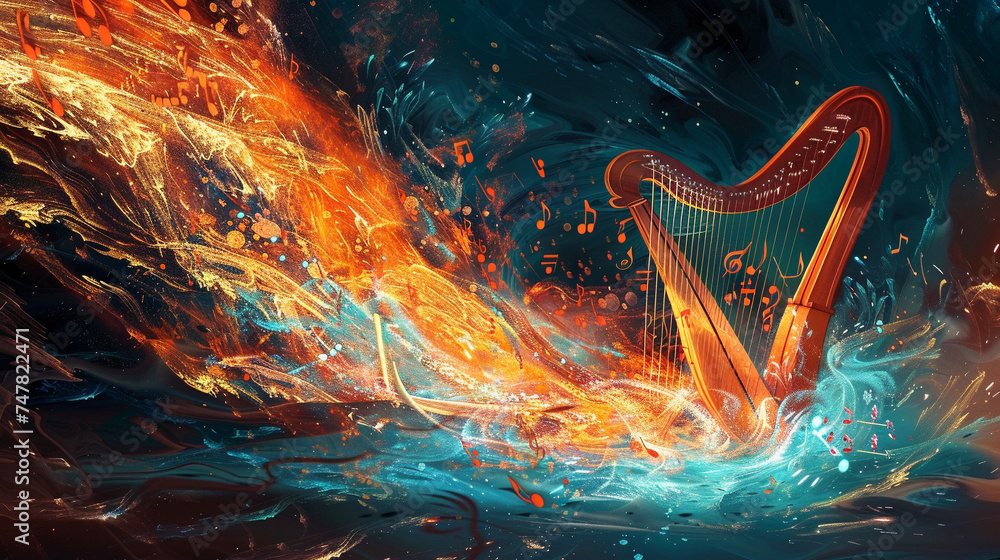 Dynamic illustration of musical notes flowing from a lyre, turning into ...