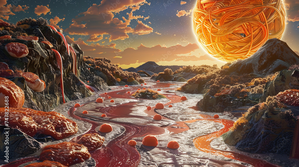 Fantasy landscape of a meatball planet, with rivers and lakes of sauce under a sky lit by a ...
