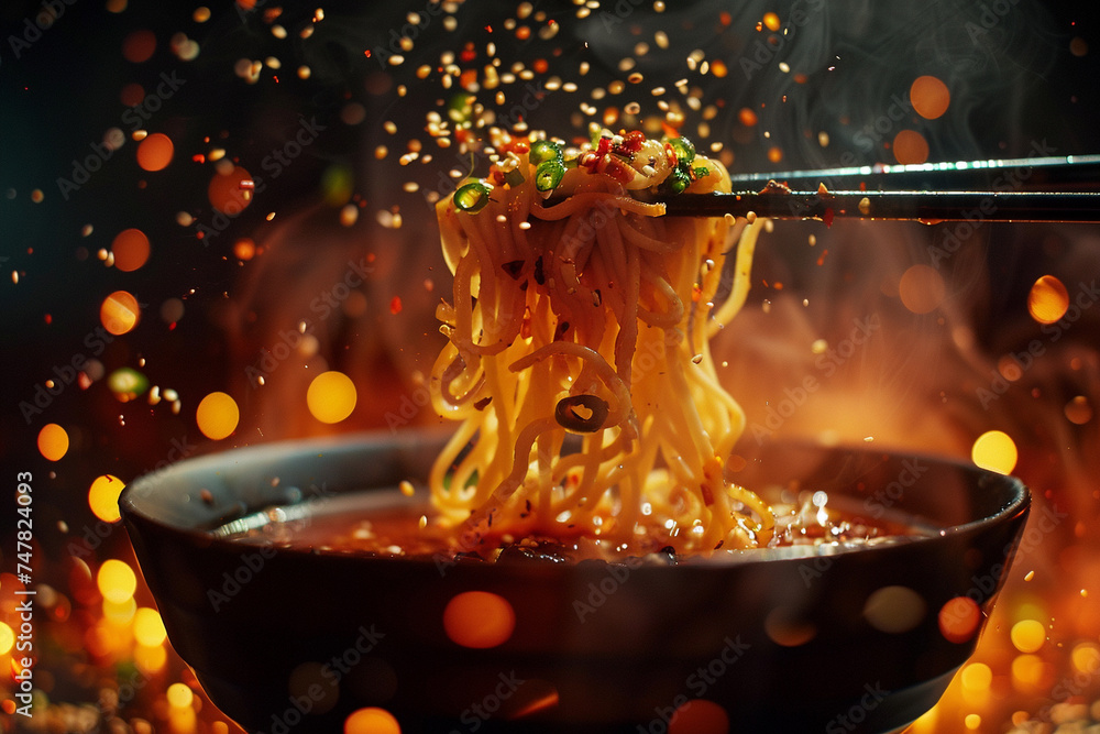 Intense focus on a single noodle lifted from a spicy bowl, with ...