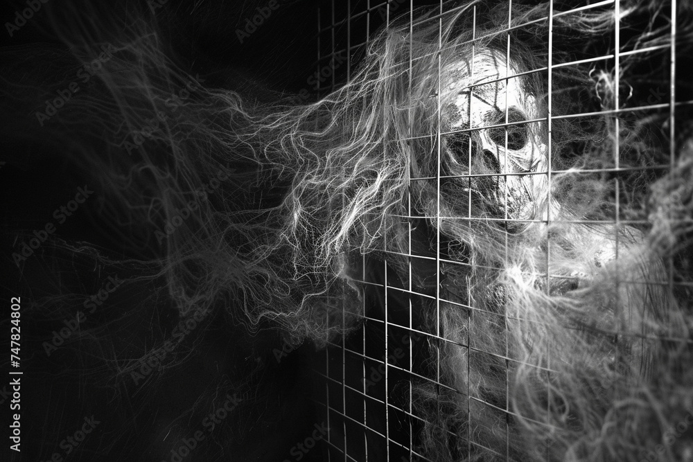 Surreal depiction of a phantom trapped within a cage, its ethereal form ...