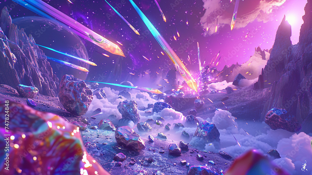 Surreal depiction of a vivid dream where colorful meteorites strike a ...