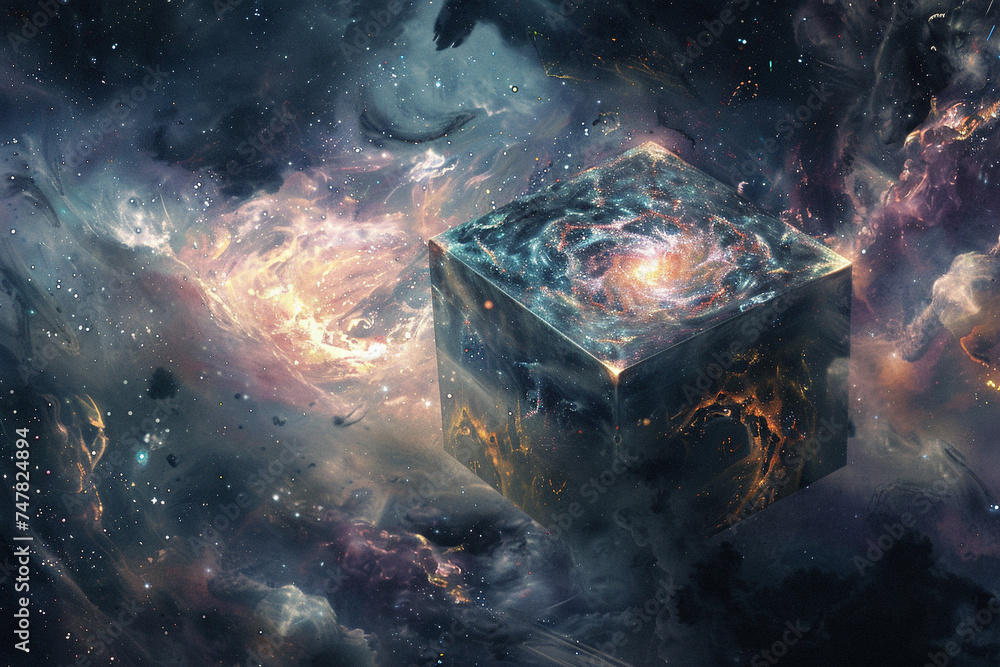 Surreal image of a box floating in space, filled with swirling matter ...