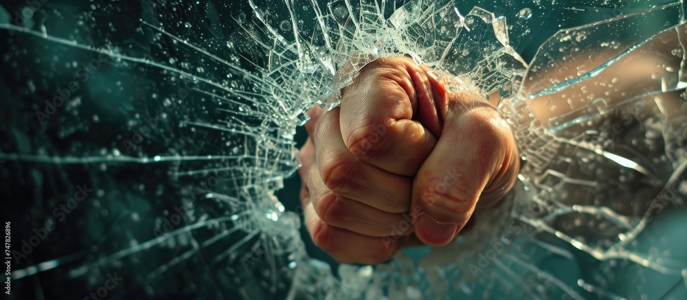 A persons fist forcefully shattering a glass window, with shards flying ...