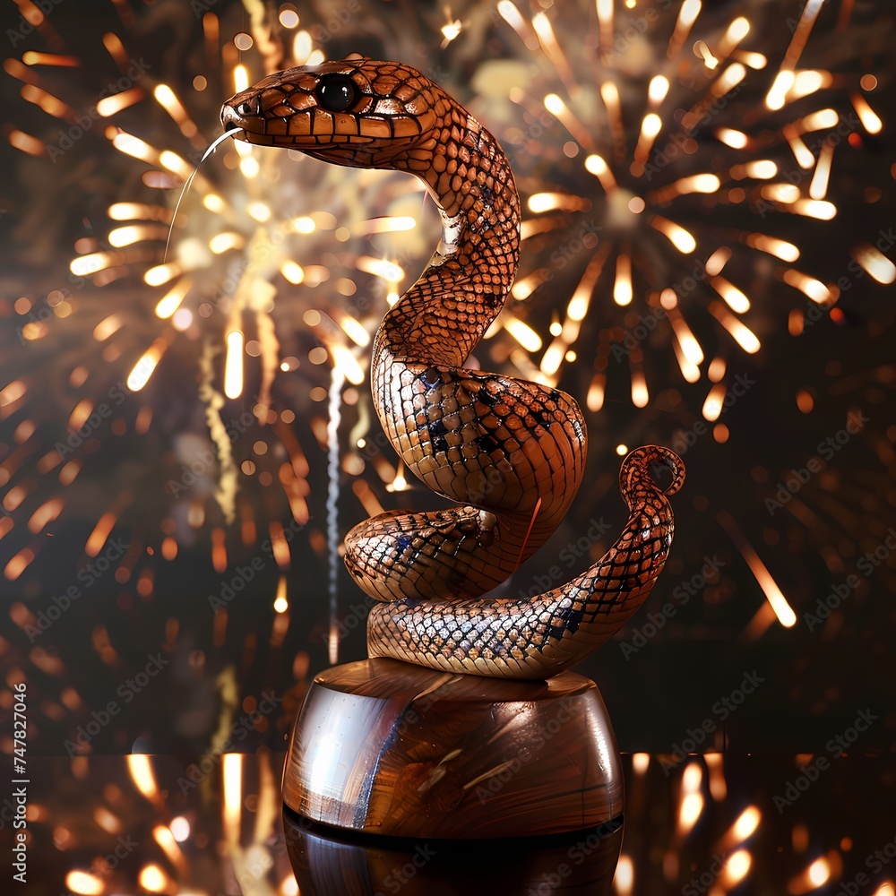 A wooden serpent sculpture is poised against a backdrop of dazzling ...