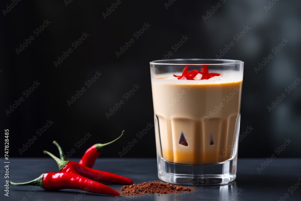 Photography Cold chili pepper latte in a glass on a modern stainless ...