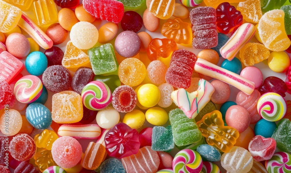 a vibrant and colorful array of various candies, including gummies ...