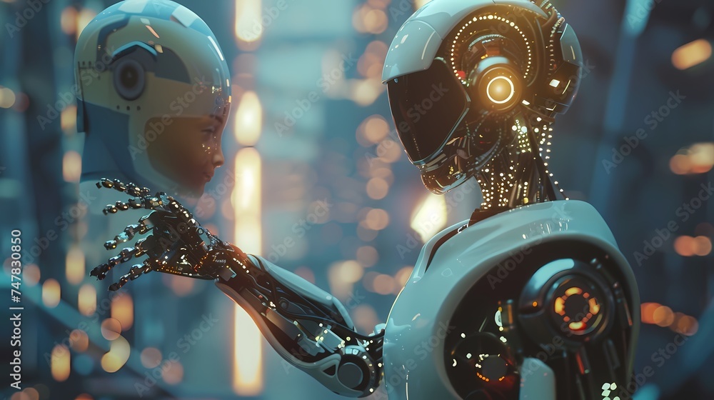 Two robots engage in a gentle touch amidst a neon-lit cityscape, their ...