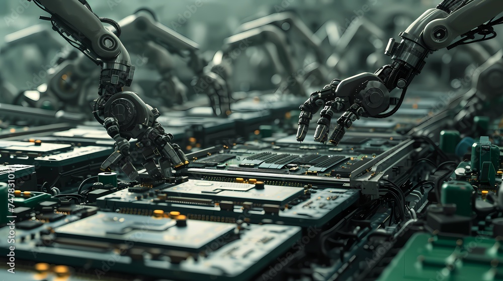 A scene of industrial robots carefully handling and inspecting ...